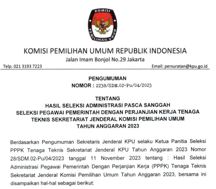 Pengumuman Hasil Seleksi Administrasi Pasca Sanggah Seleksi PPPK Tenaga Teknis Setjen KPU TA ...